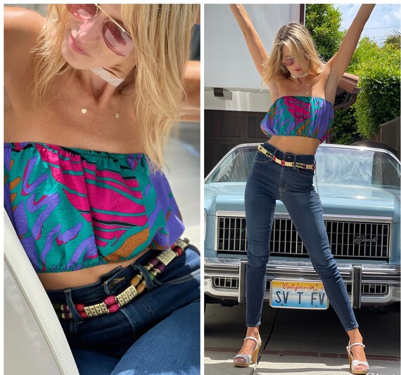 80s upcycled Tube Top vibrant 80s print Tropical top … - Gem