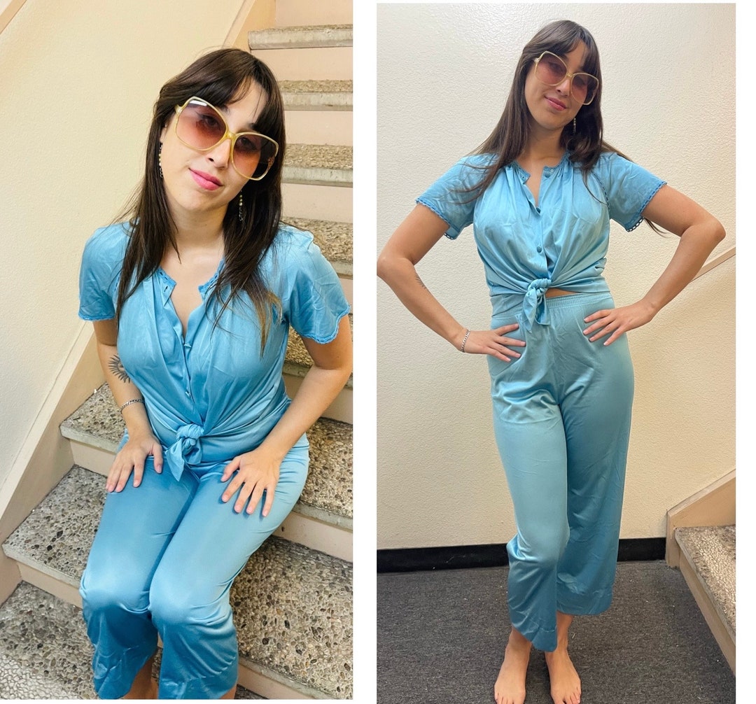 70s 80s Slinky Satin Set Blouse and Pants Blue Matching Flirty Set S M ...