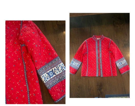 70s Cottage Core Quilted Jacket Red Cute Details S M - Gem