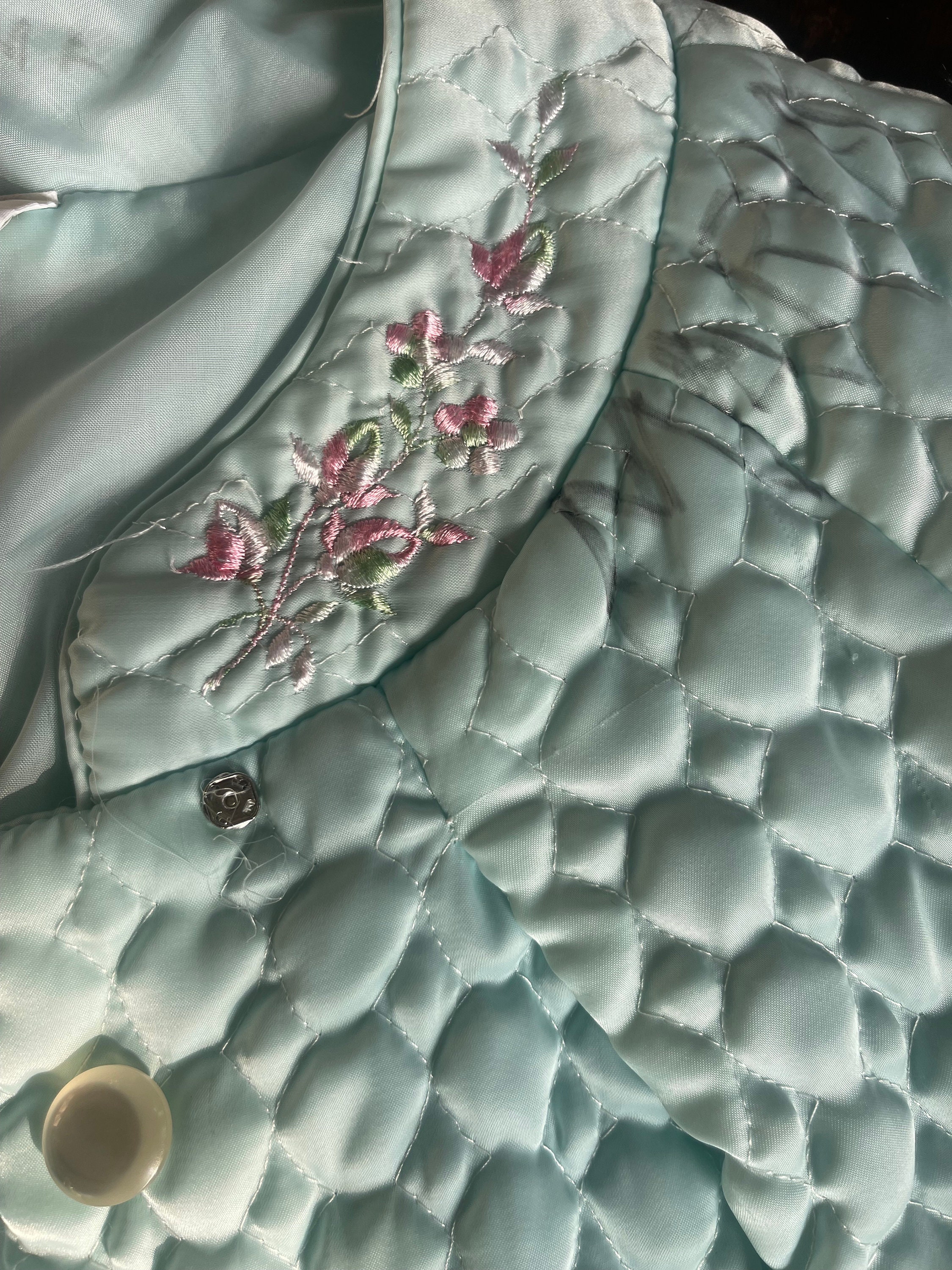 60s 70s Quilted Bed Jacket Cottage Core Baby Blue Floral Embroidery S M ...