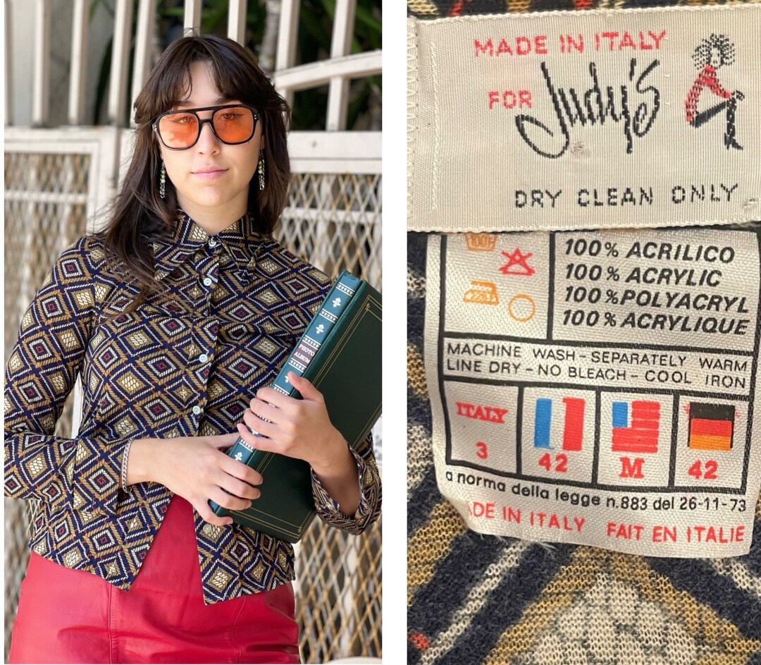 70s 80s Made in Italy Preppy Core Print Blouse by Judys Shirt Button up ...