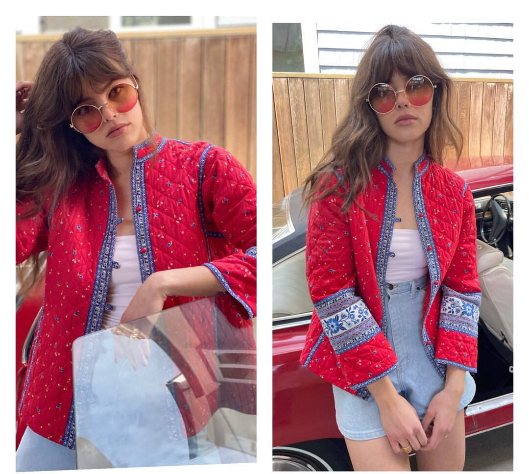 70s Cottage Core Quilted Jacket Red Cute Details S M - Etsy