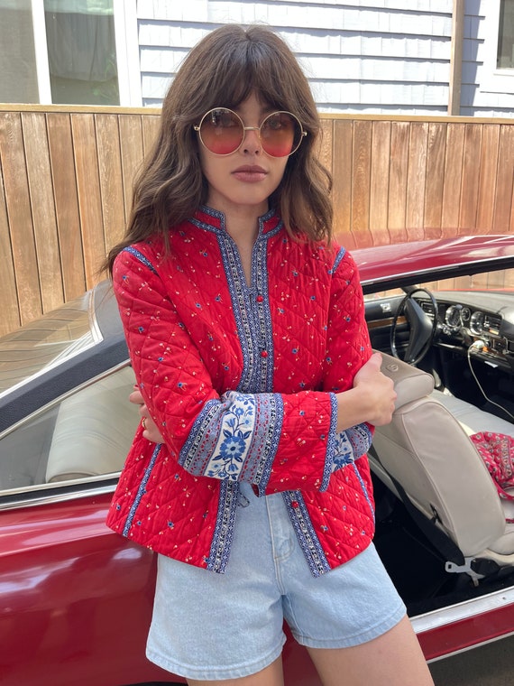 70s Cottage Core Quilted Jacket Red Cute Details S M - Gem
