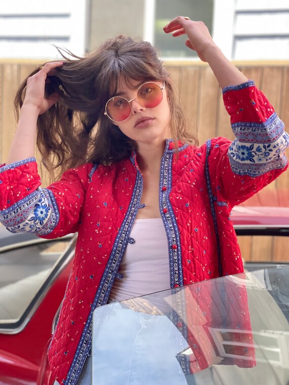 70s Cottage Core Quilted Jacket Red Cute Details S M - Gem