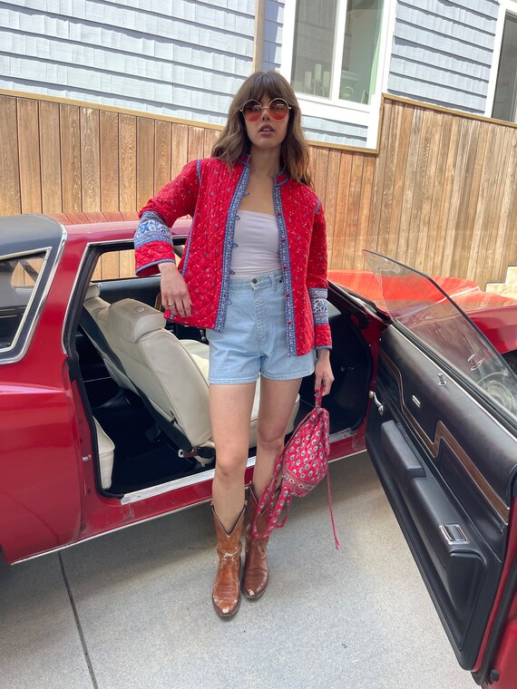 70s Cottage Core Quilted Jacket Red Cute Details S M - Gem