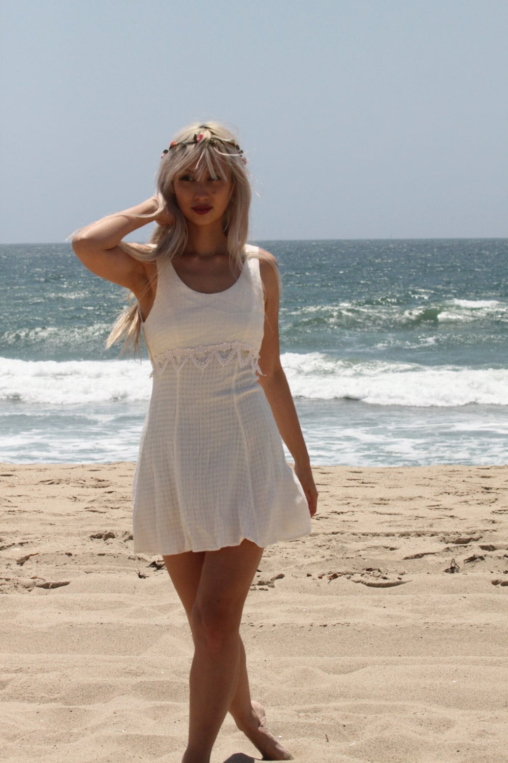 Vintage 80s Foxy Romantic Hippie Mini Dress XS S Lace Crochet Beachy ...