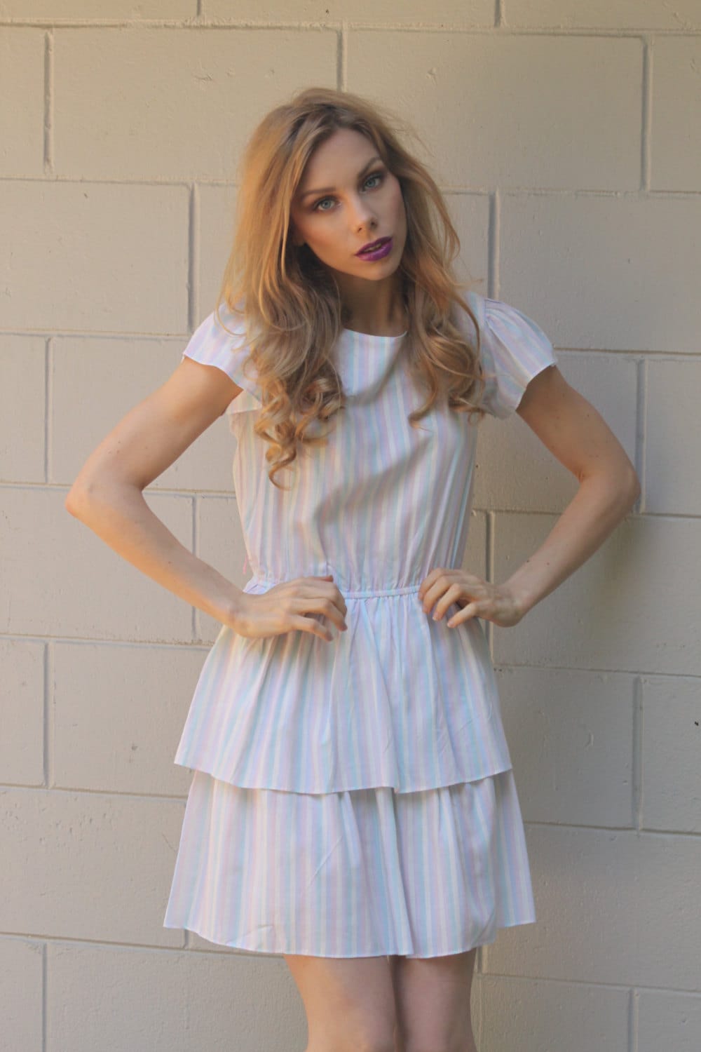 Vintage 80s Candy Striped Party Dress Ruffles Pastels Mini Dress XS S M ...