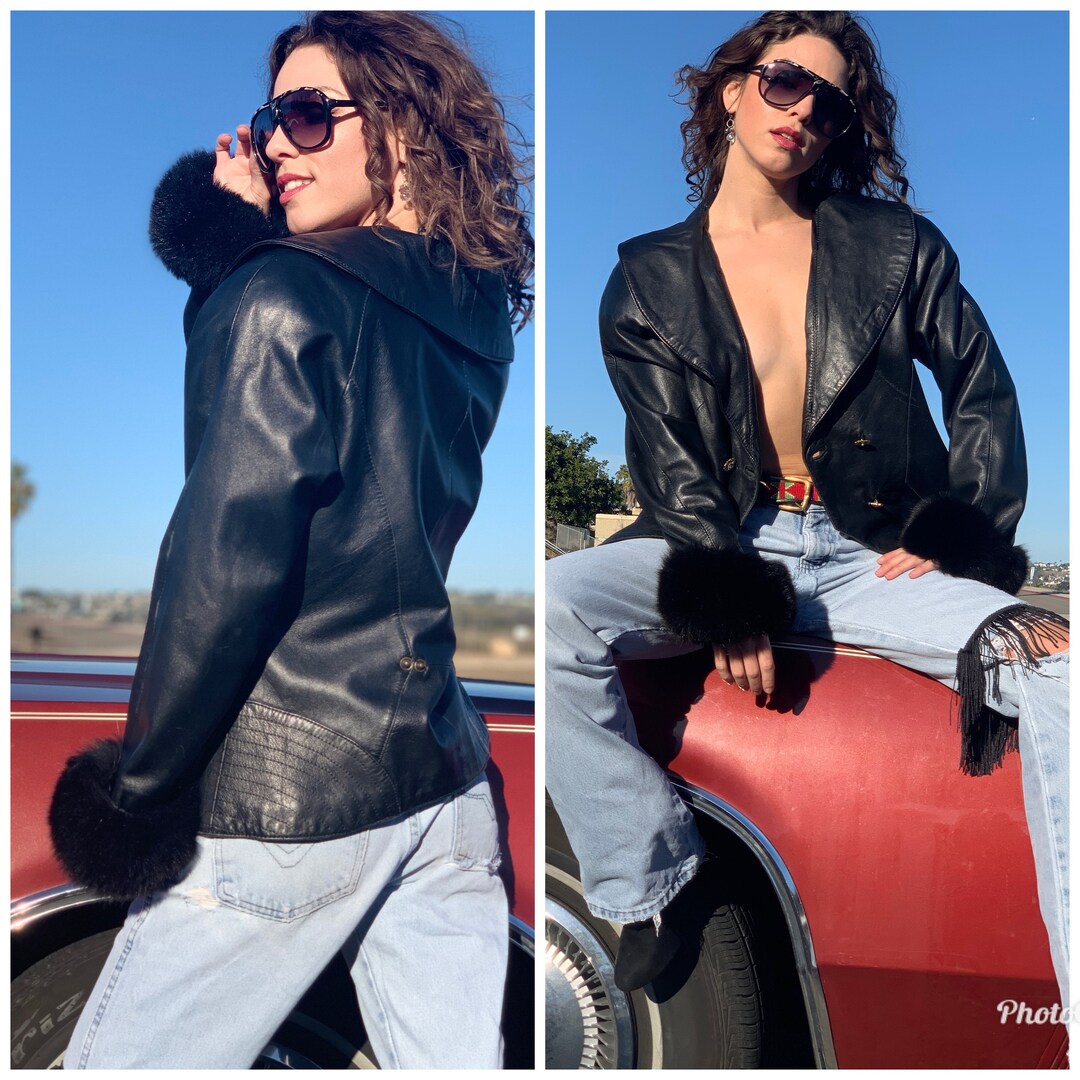 80s Soft Black Leather Jacket Fur Cuffs S M - Etsy