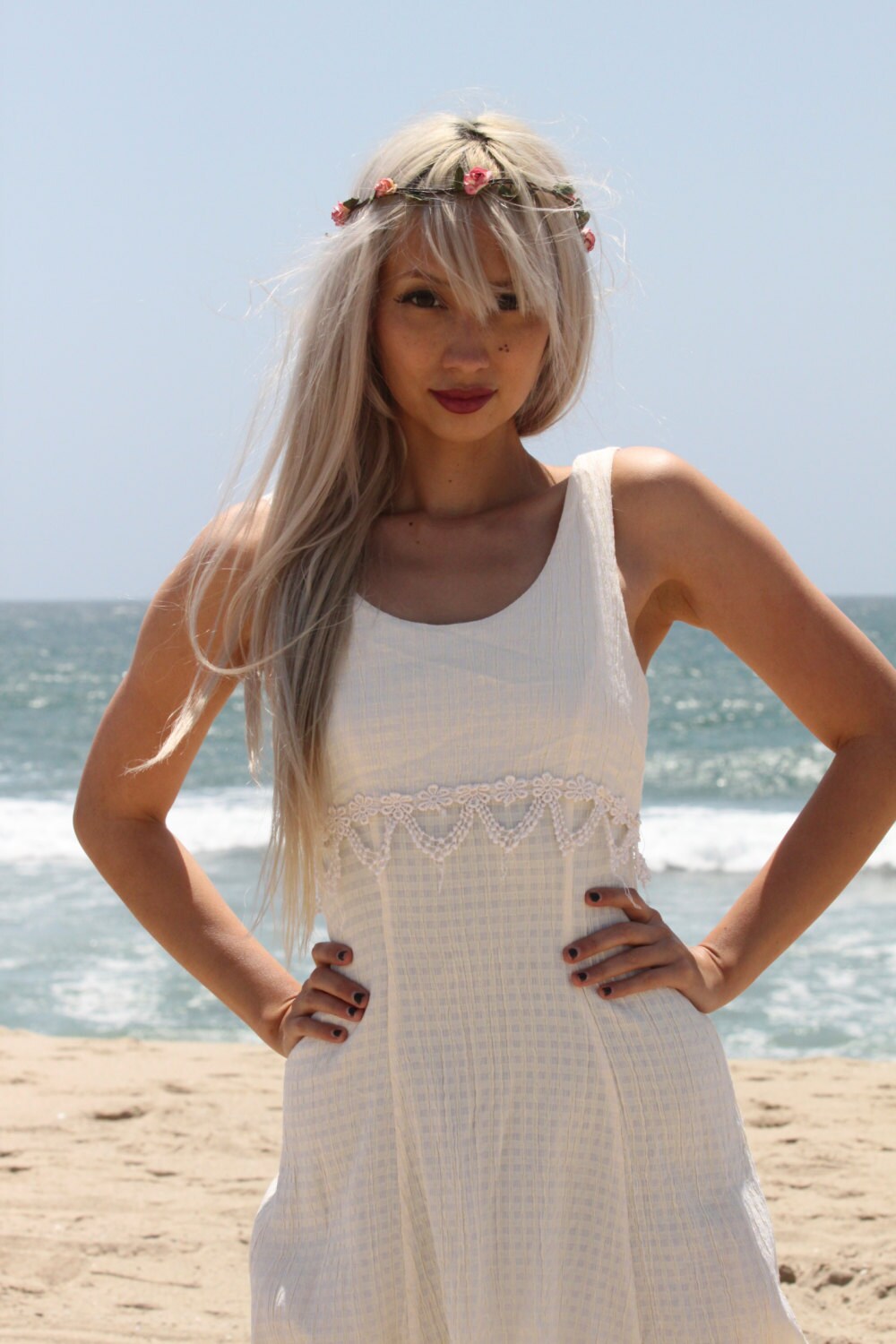 Vintage 80s Foxy Romantic Hippie Mini Dress XS S Lace Crochet Beachy ...