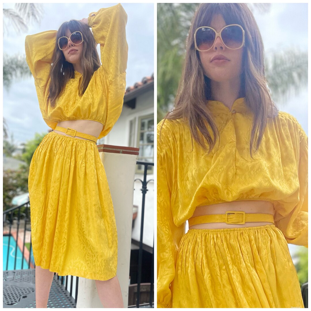 80s Two Piece Set 80s Yellow Upcycled Skirt Top W/belt S M - Etsy