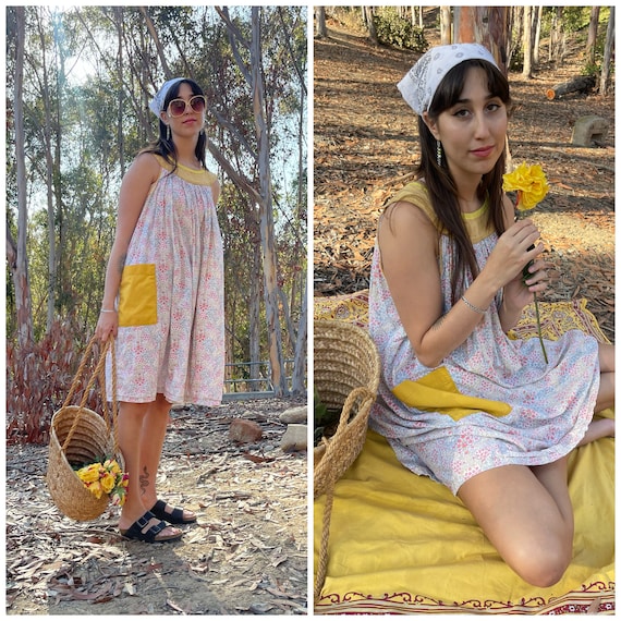 60s 70s Soft House Dress Cottage Core Lounger S M - Gem