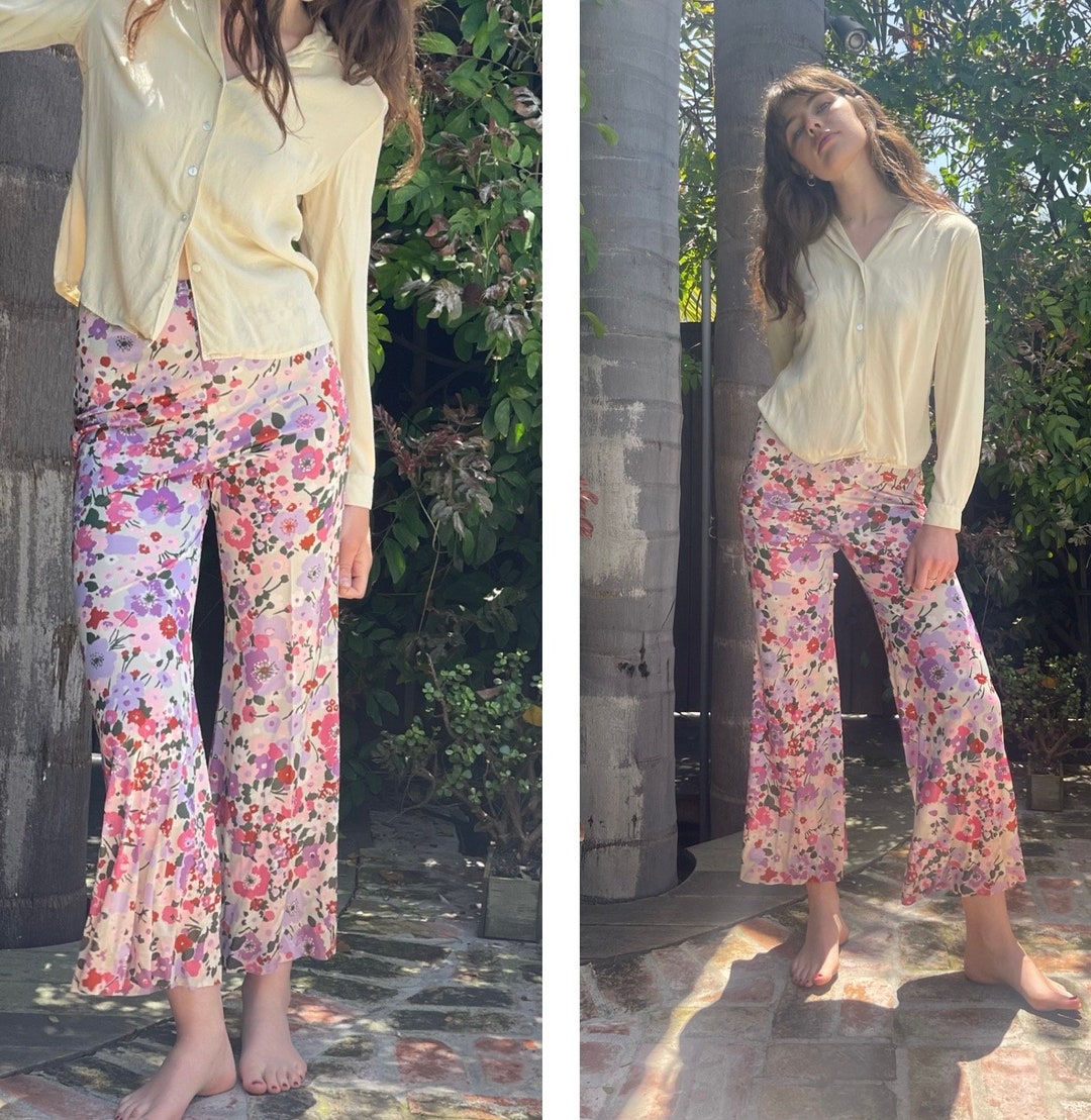70s Bell Bottoms Flares Pants High Waist Floral Print Slinky Playful S ...