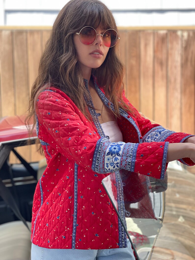 70s Cottage Core Quilted Jacket Red Cute Details S M - Etsy