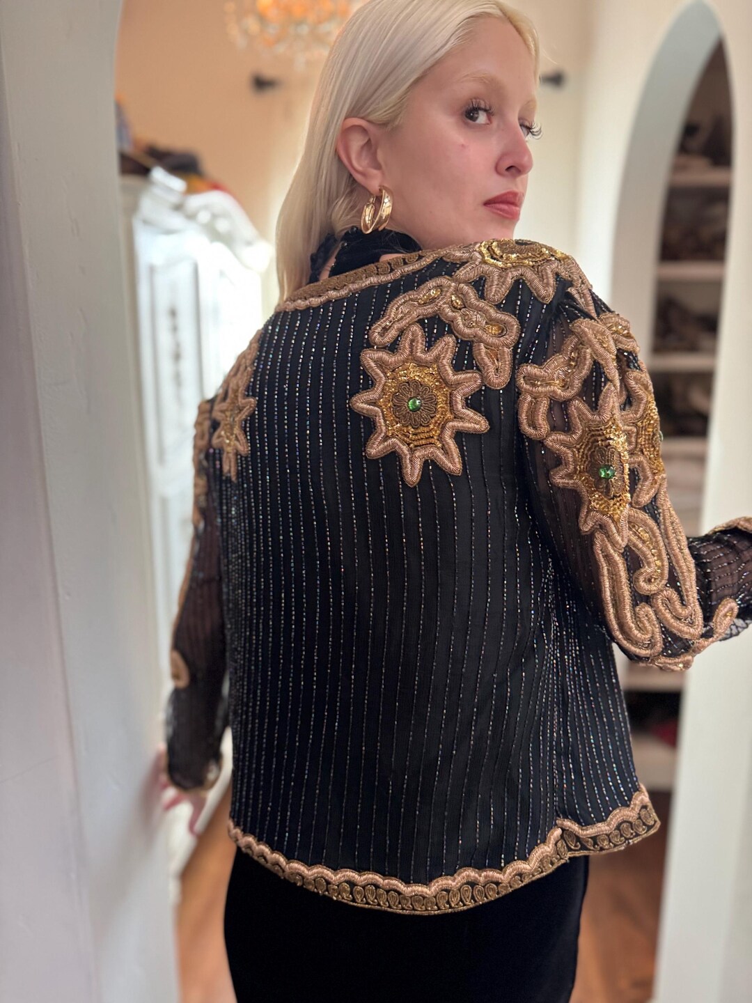 70s 80s SILK Beaded Glitsy Bling Jacket Caplet Blazer Shrug Bolero S M ...