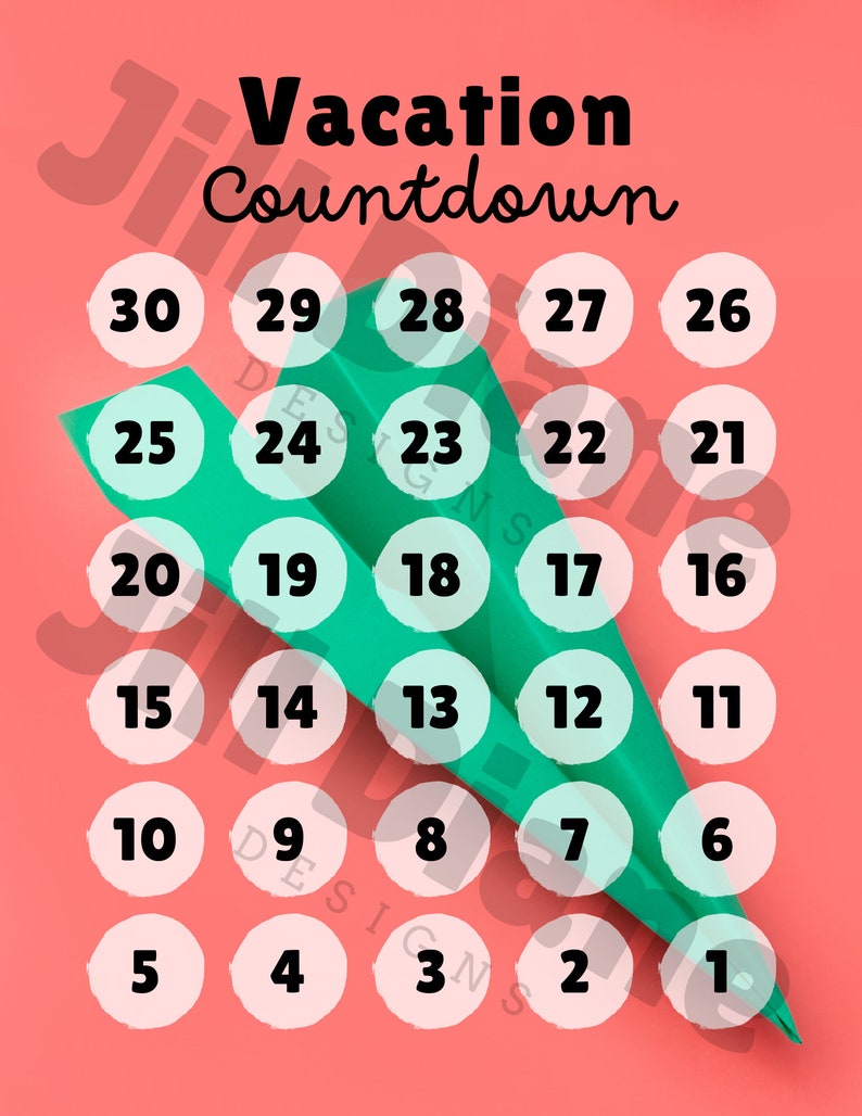 Vacation Countdown Calendar | 30 Days | Coral Airplane | Printable (PDF ...