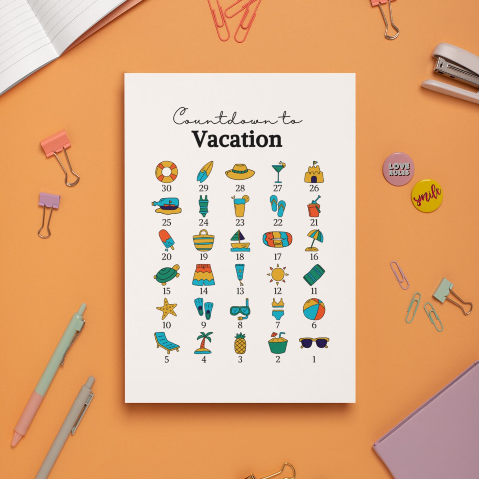 Vacation Countdown Printable Countdown Calendar 30 Days PDF Red Green ...