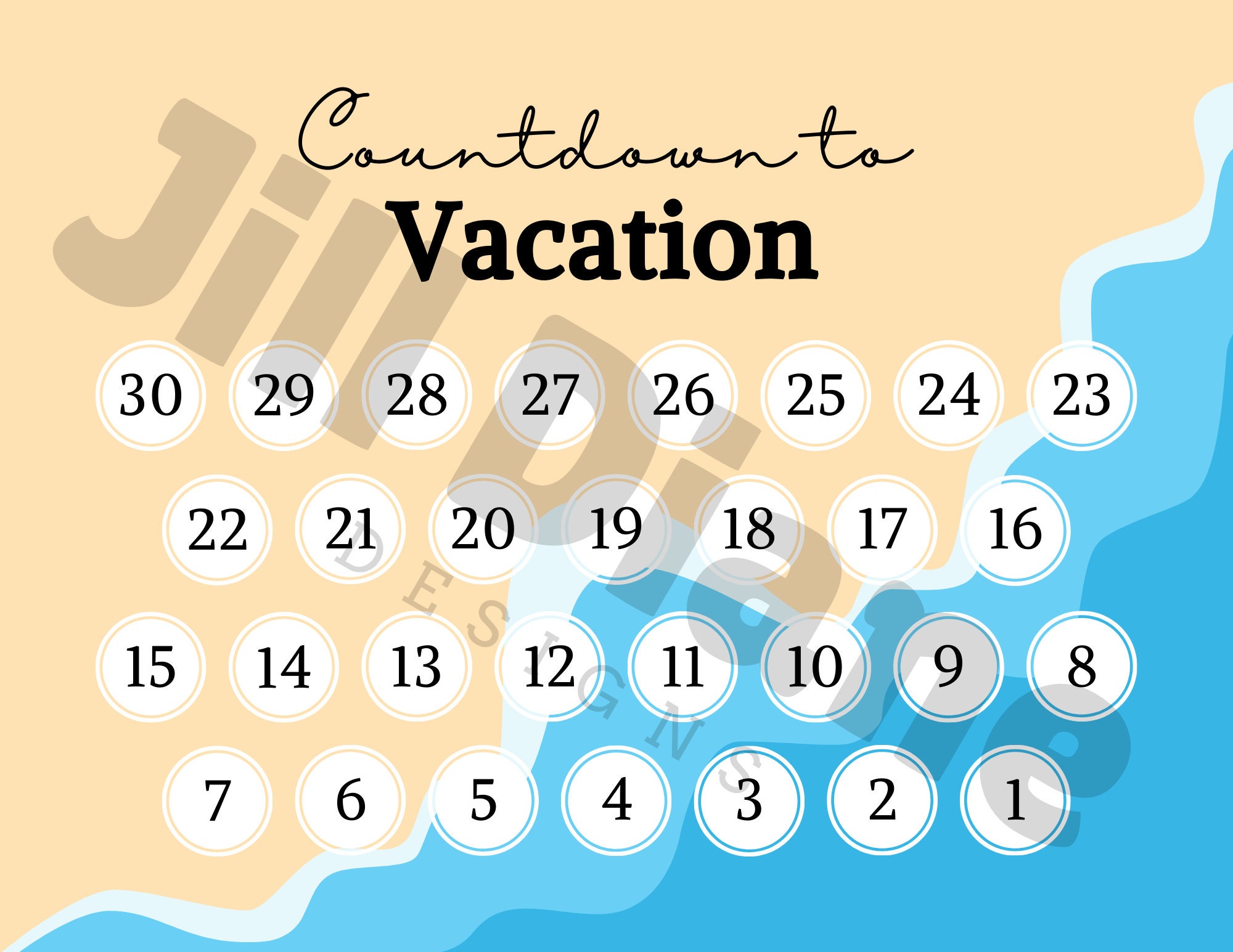 Vacation Countdown Calendar | 30 Days | Beach Waves | Printable (PDF ...