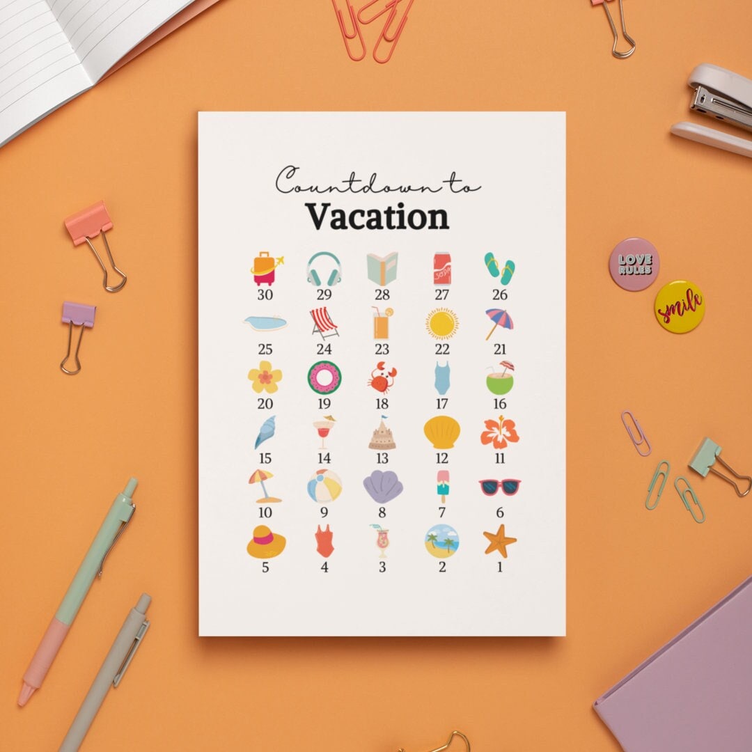 Vacation Countdown | Printable Countdown Calendar | 30 Days | PDF ...