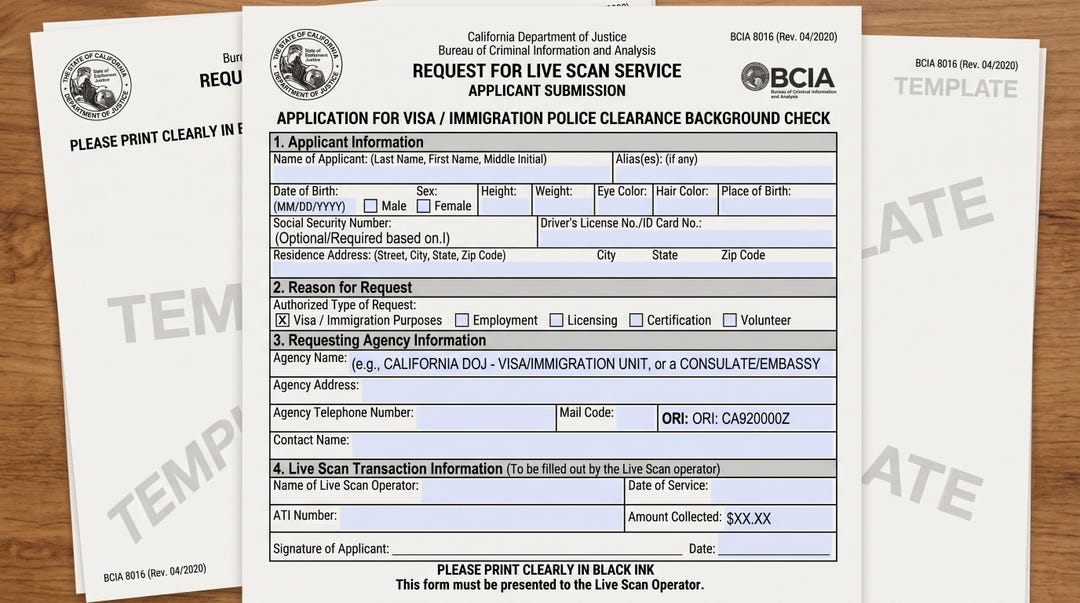 Visa Immigration Live Scan Request Form Template, CA Passport BCIA 8016 ...