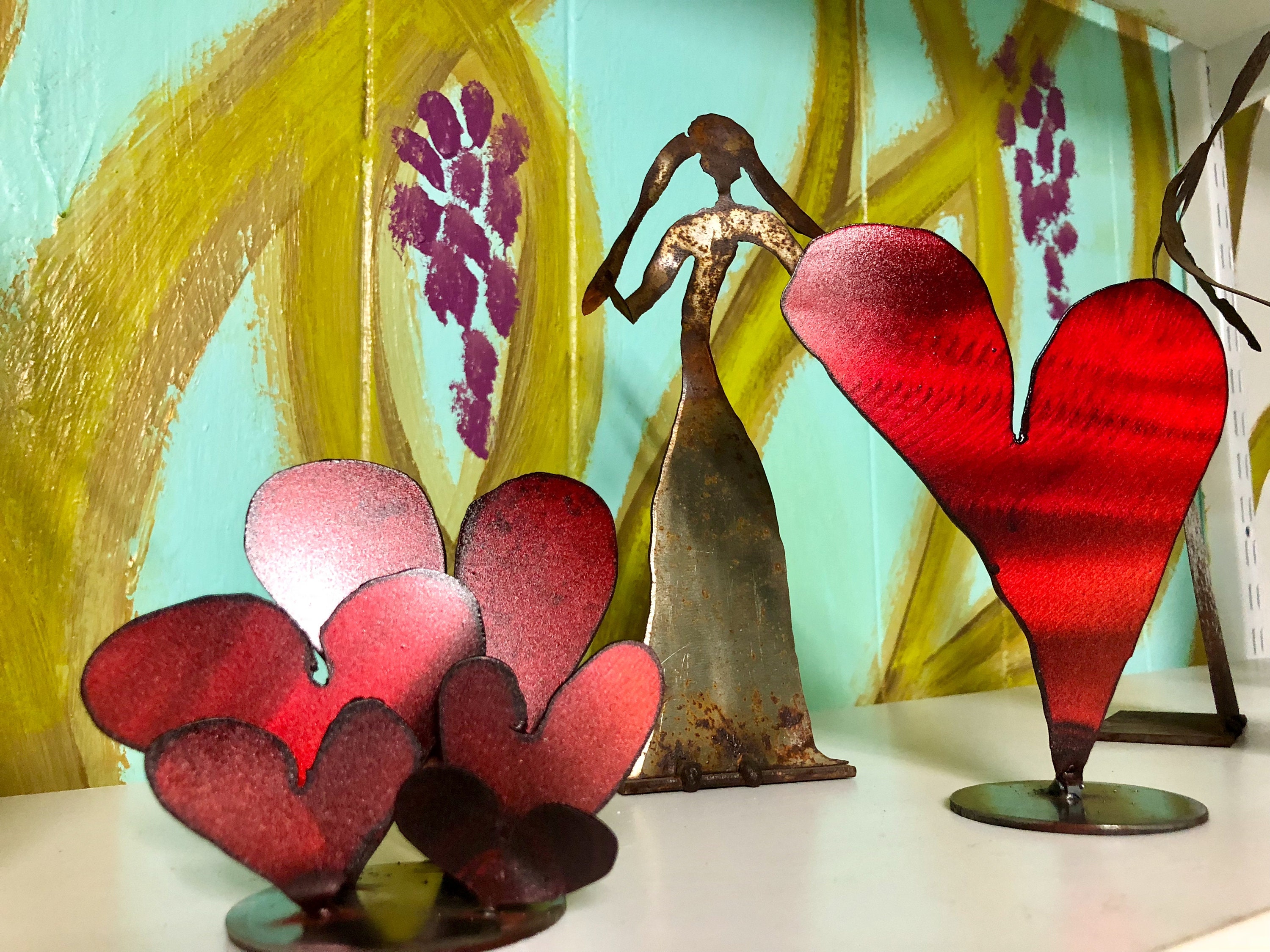 Steel Heart Sculptures Two Small Size Hearts on One Base - Etsy