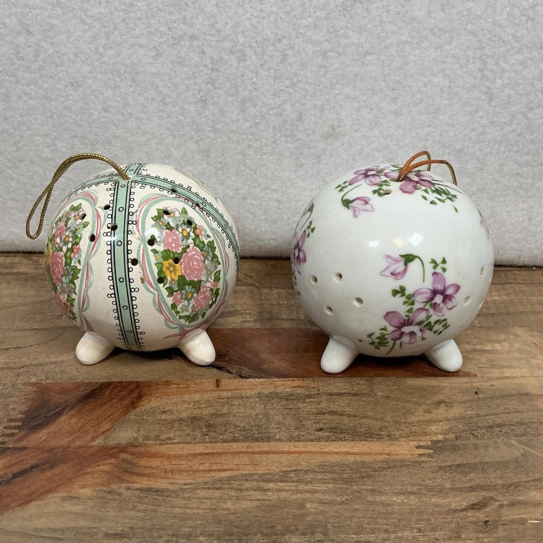 Vintage Ceramic Potpourri Ball Holders 2 Pomanders 3" Hanging Ornament ...