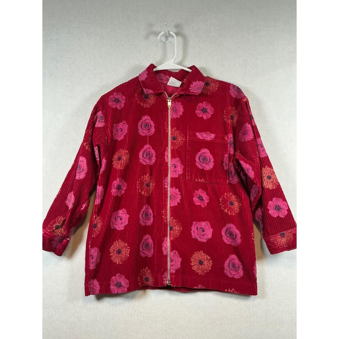 Vintage Flapdoodles Red Corduroy Floral Zip up Jacket Rose Print Made ...