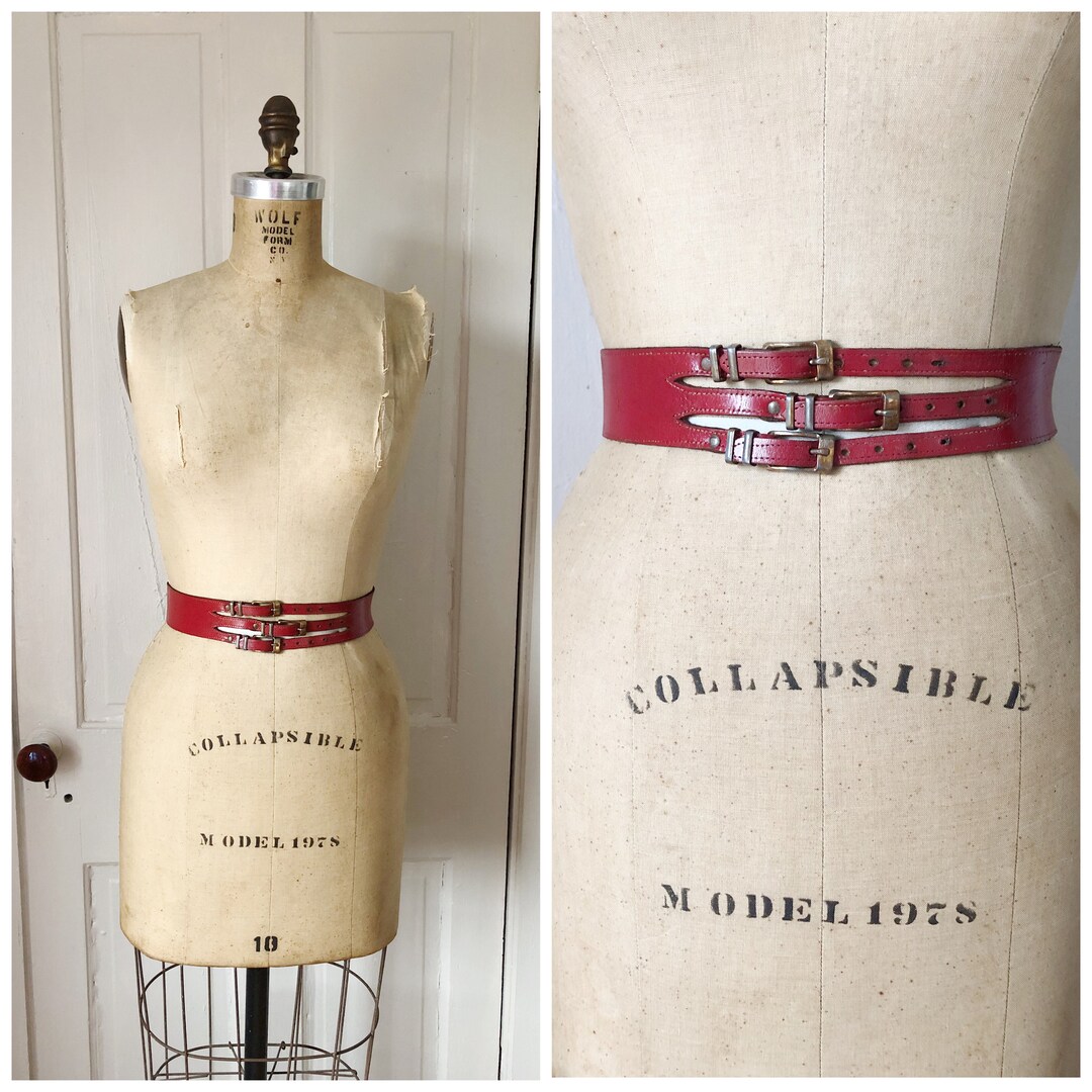 Briars & Brambles 1950s Red Leather Triple Brass Buckle Belt - Etsy