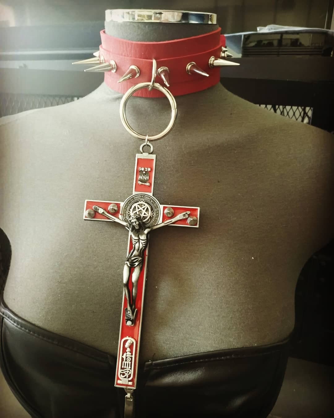 Necklace Vegan Leather Red Large Cross Spike Gaiapatra - Etsy