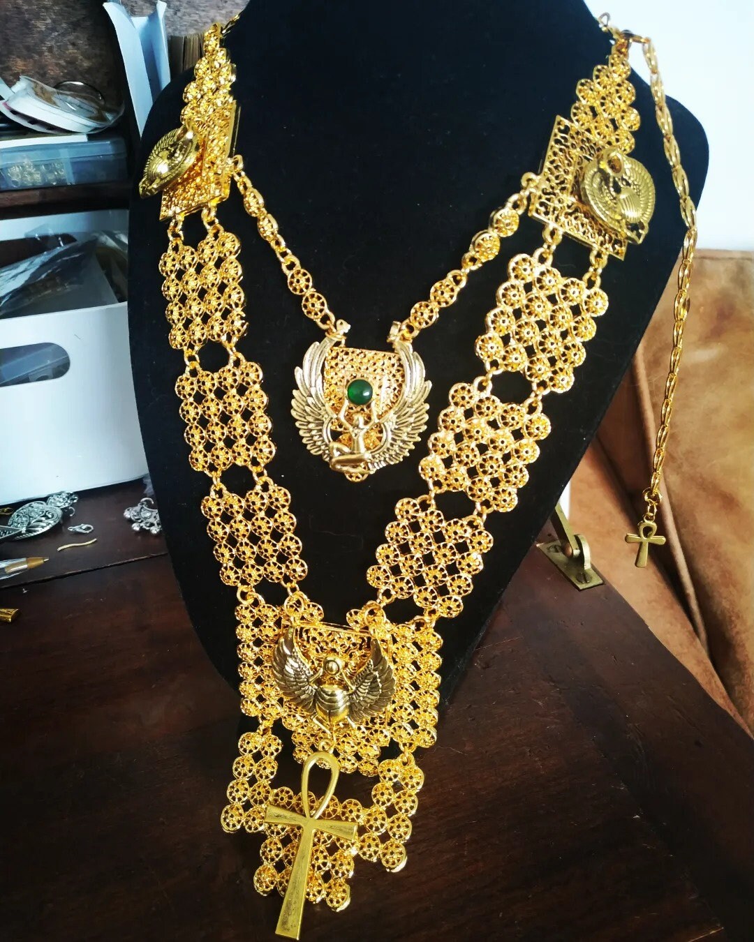 Maxi Bronze Necklace Gold Breastplate Goth Ankh Scarab Egyptian Queen ...