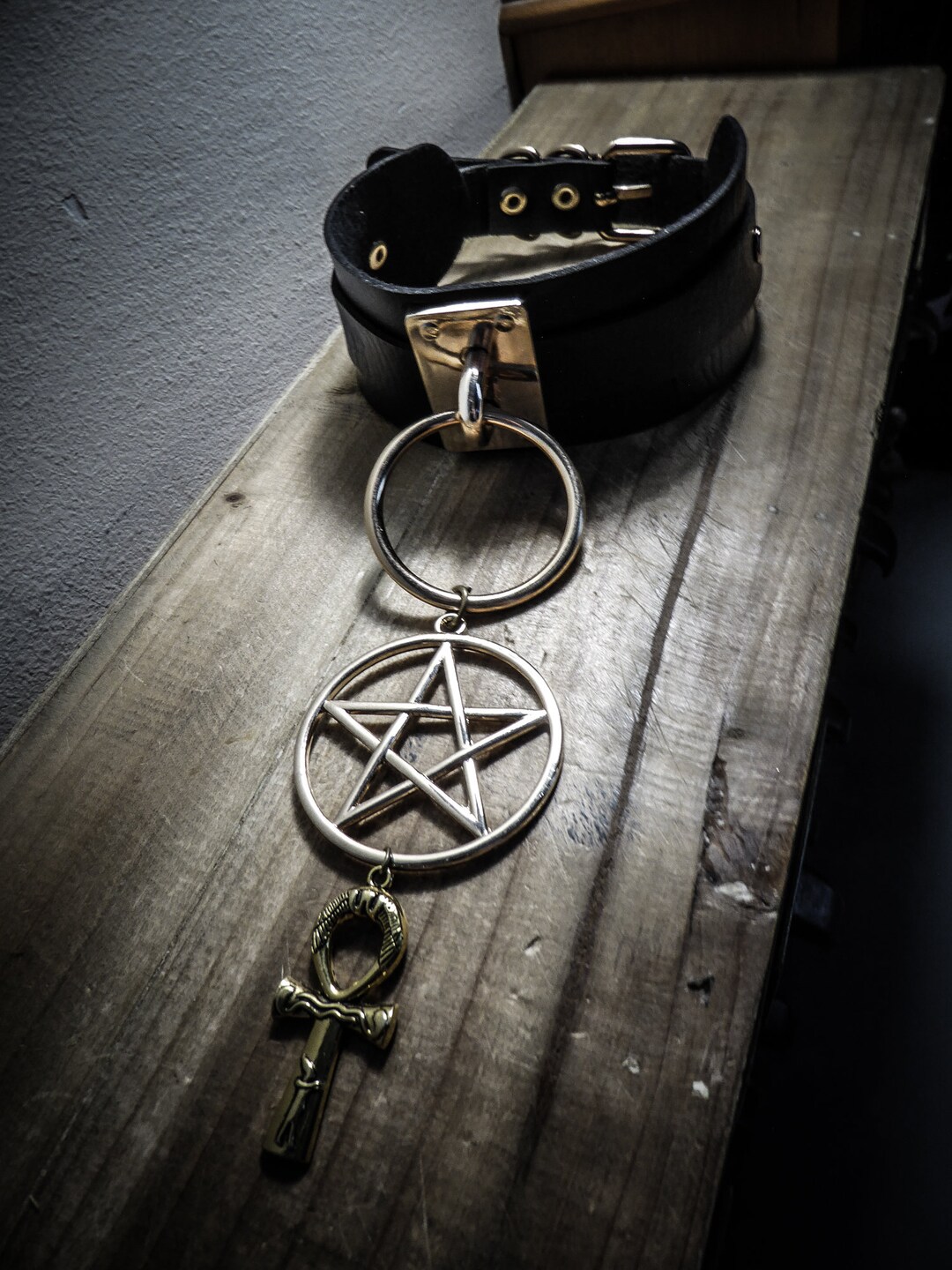Gold Vegan Leather Choker 666 Gold Ankh 666 - Etsy Denmark