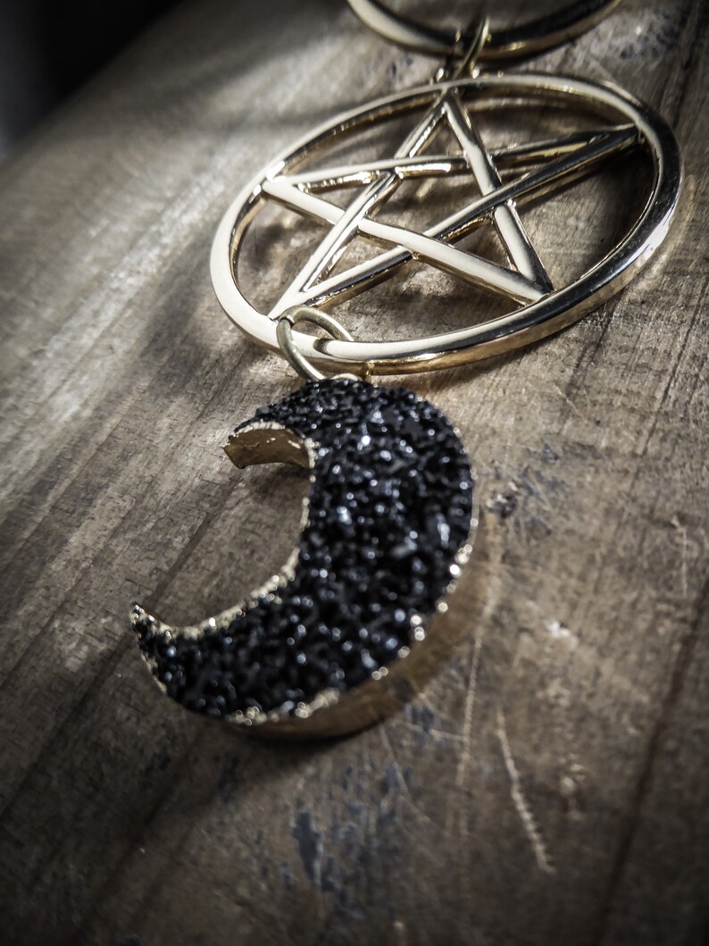 Black vegan leather necklace gold 666 Crystal Dark Moon 666 | Etsy