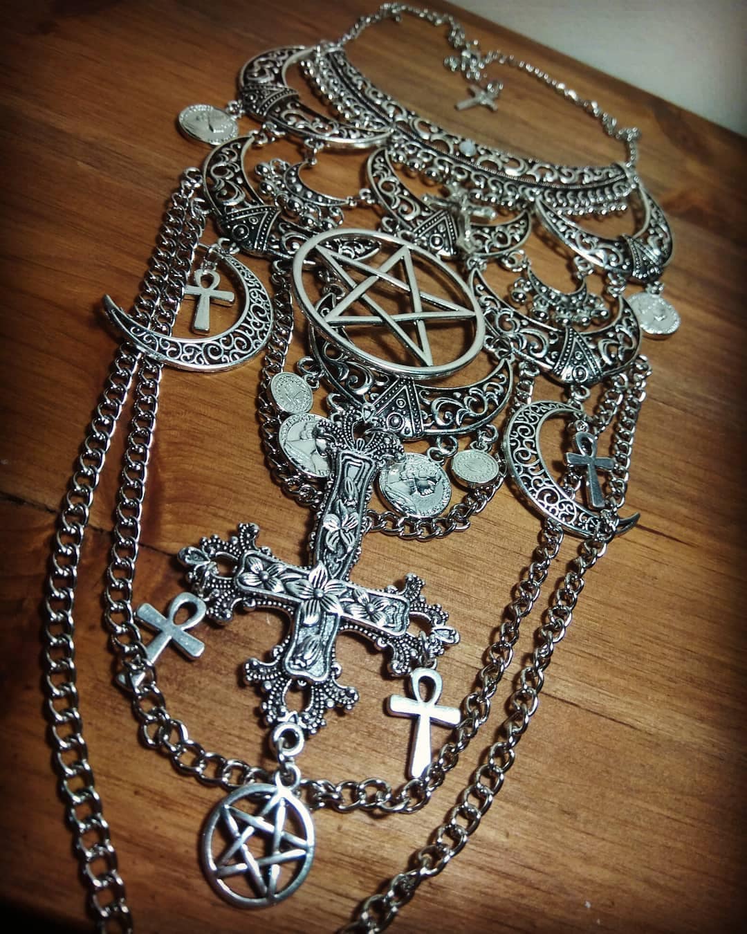 Maxi Silver Moon Bib Necklace Goth Ankh Pentagram 666 Inverted Cross ...