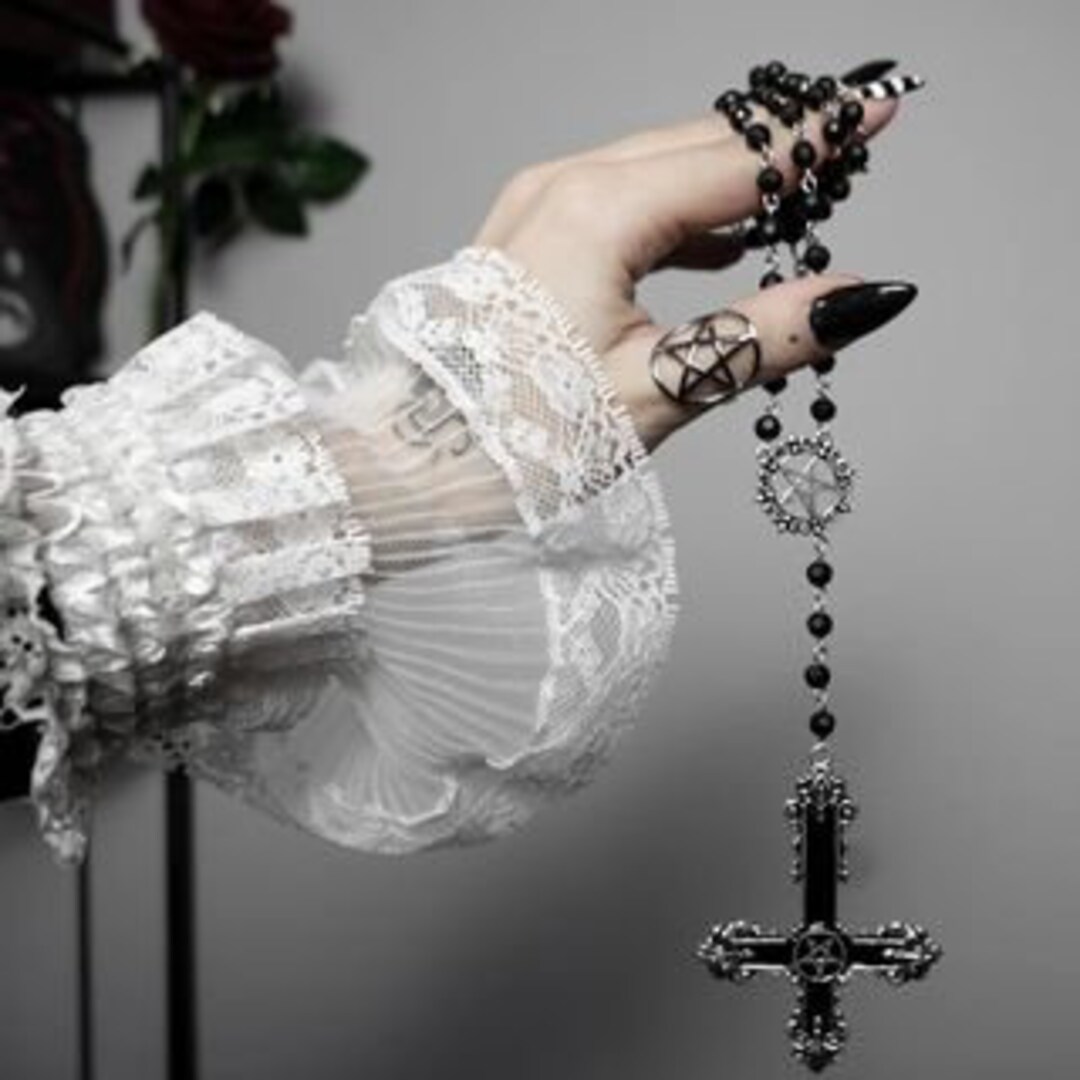 Rosary Rosary Pentagram Inverted Cross Black Pink - Etsy