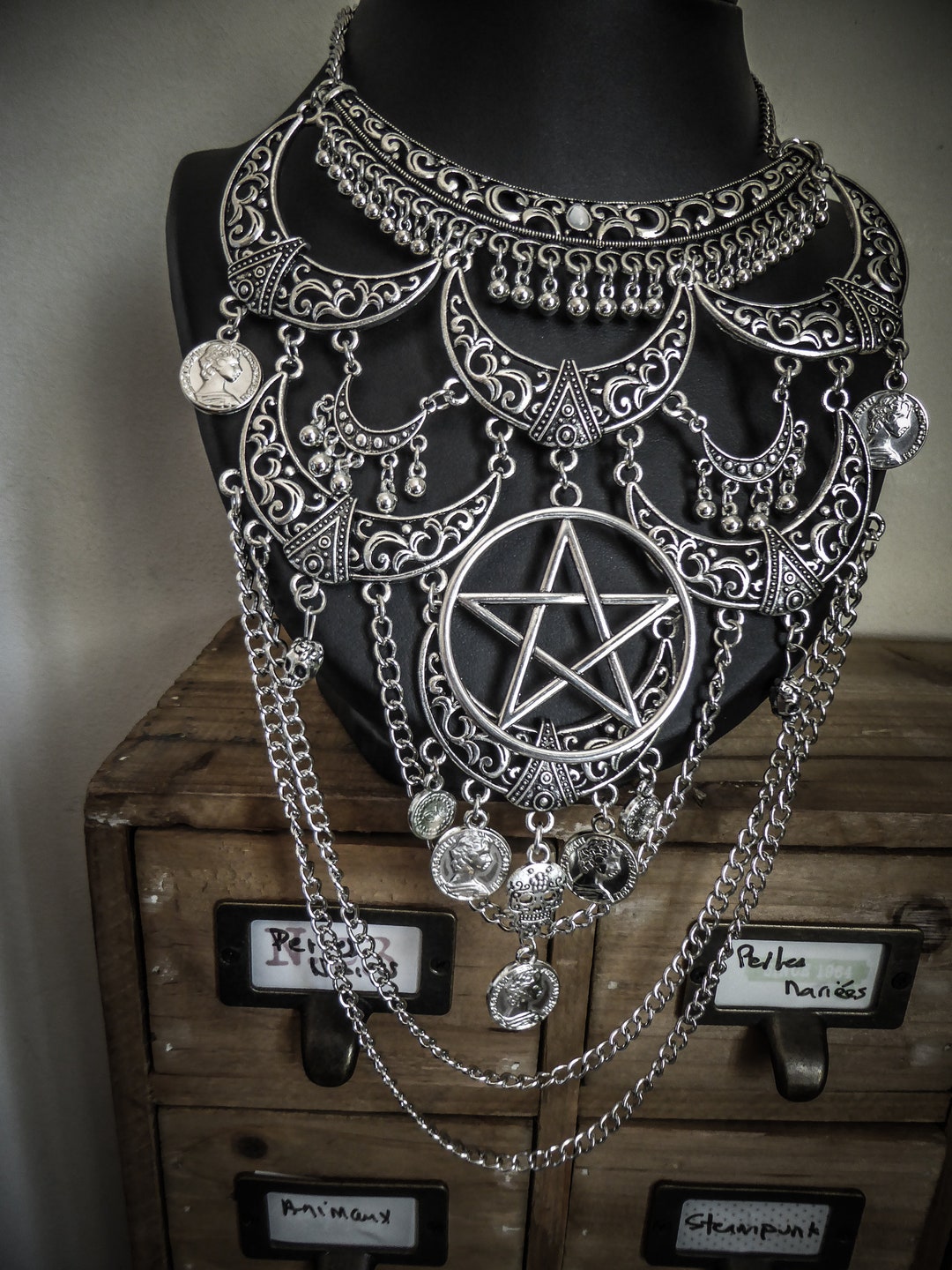 Maxi Plastron Necklace Moon Silver Skull Calavera Bibiana - Etsy Maxi Plastron Necklace Moon Silver Skull Calavera Bibiana - Etsy