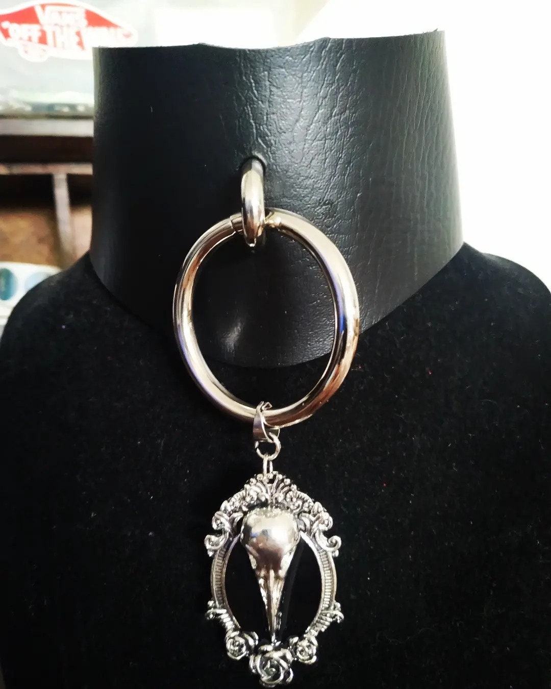Black Faux Leather Crane Bird Cameo Necklace - Etsy