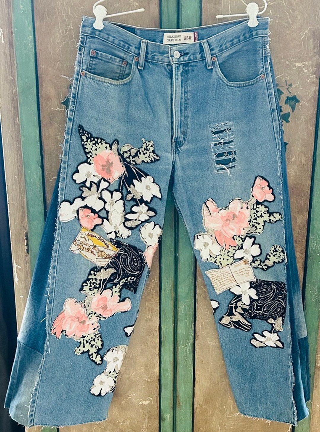 Barrel Blue Jeans Upcycled Shabby Patched Boho Hippie Baggy Flared Blue ...