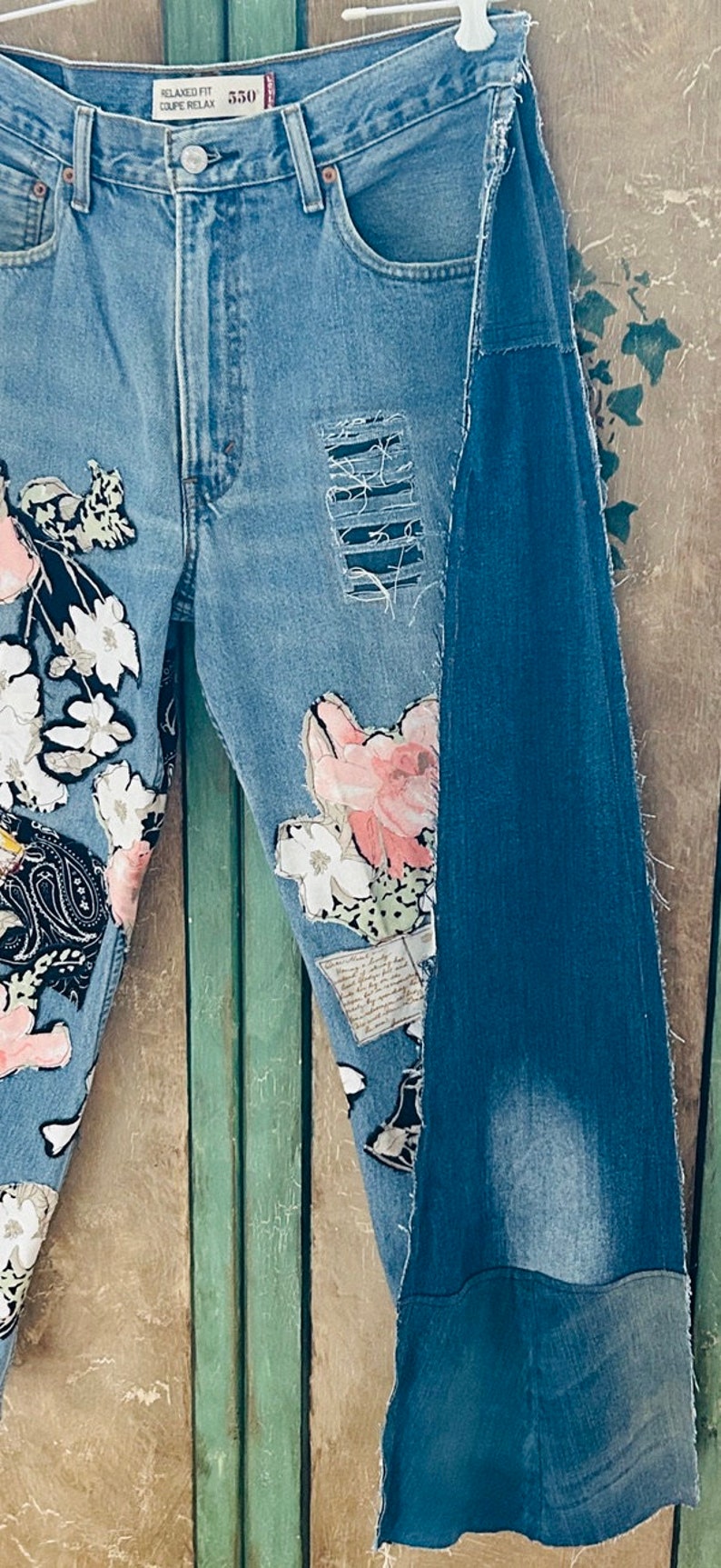 Barrel Blue Jeans Upcycled Shabby Patched Boho Hippie Baggy Flared Blue ...