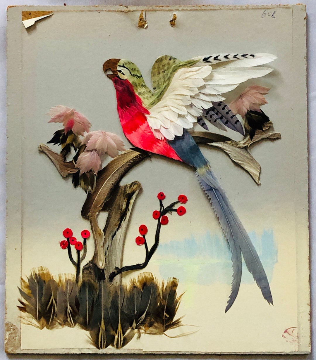 Bird Feather Art Assemblage Collage Parrot Vintage Unframed 9 X 7.75 In ...