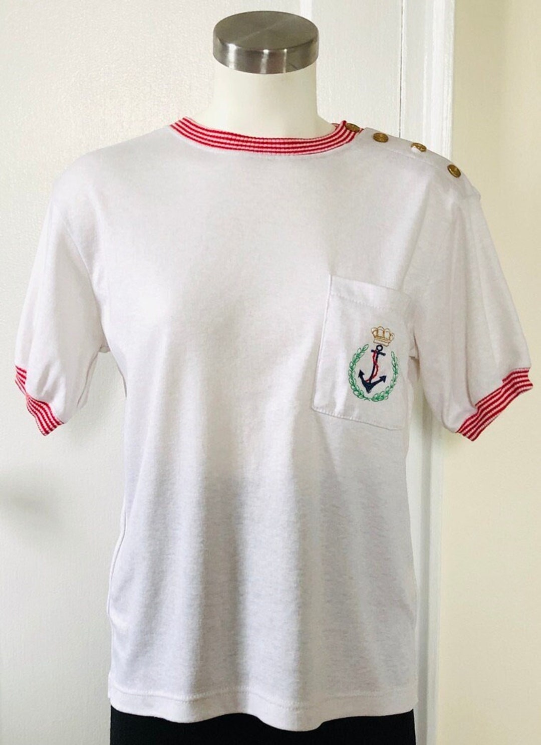 Vintage Bobbie Brooks Women's Top USA White Nautical Neck Red Stripe ...
