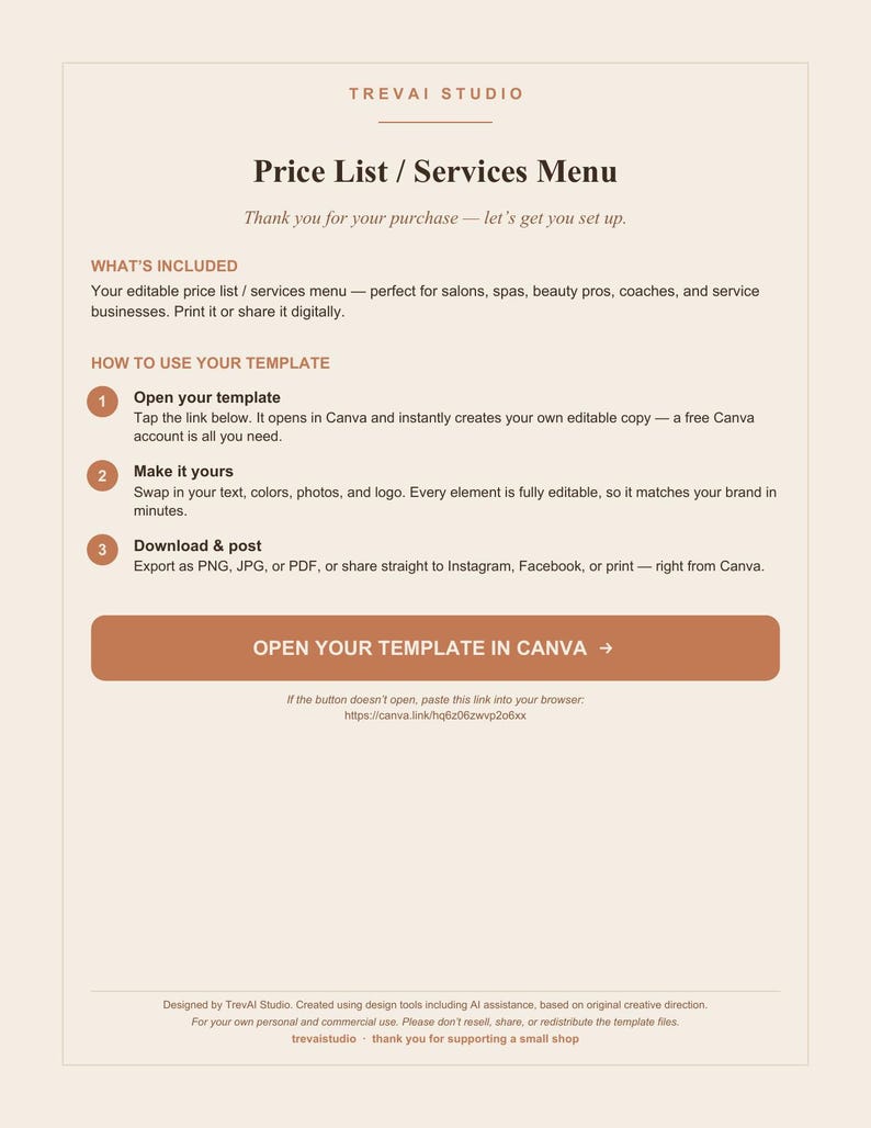 Price List / Services Menu — Editable Canva Template for Small Business ...