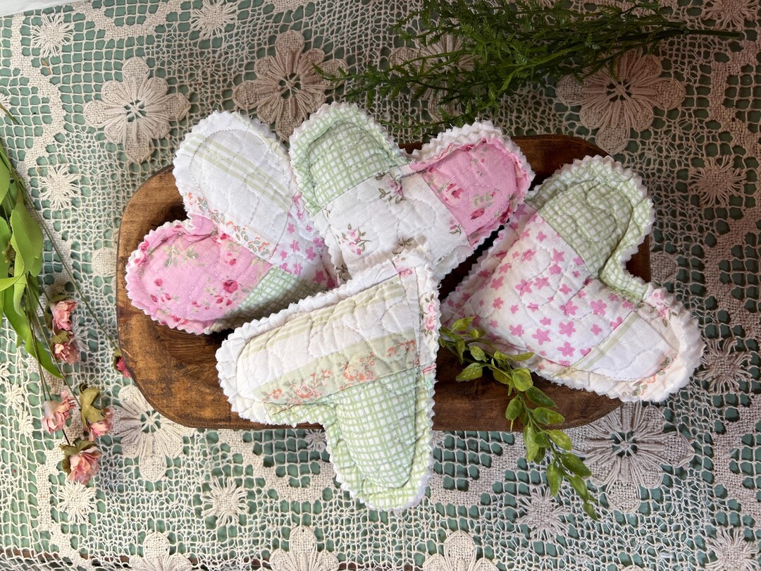 Cottage Quilted Hearts * Set of 4 * Sage Pink Roses * Valentine Decor Handmade - Etsy