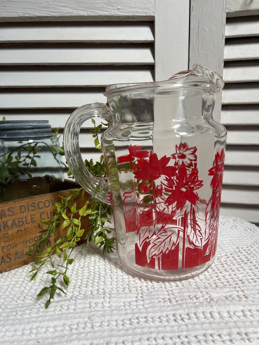 Vintage Red Floral Decal Glass Pitcher Ribbed Handle 2 Quart Beverage ...