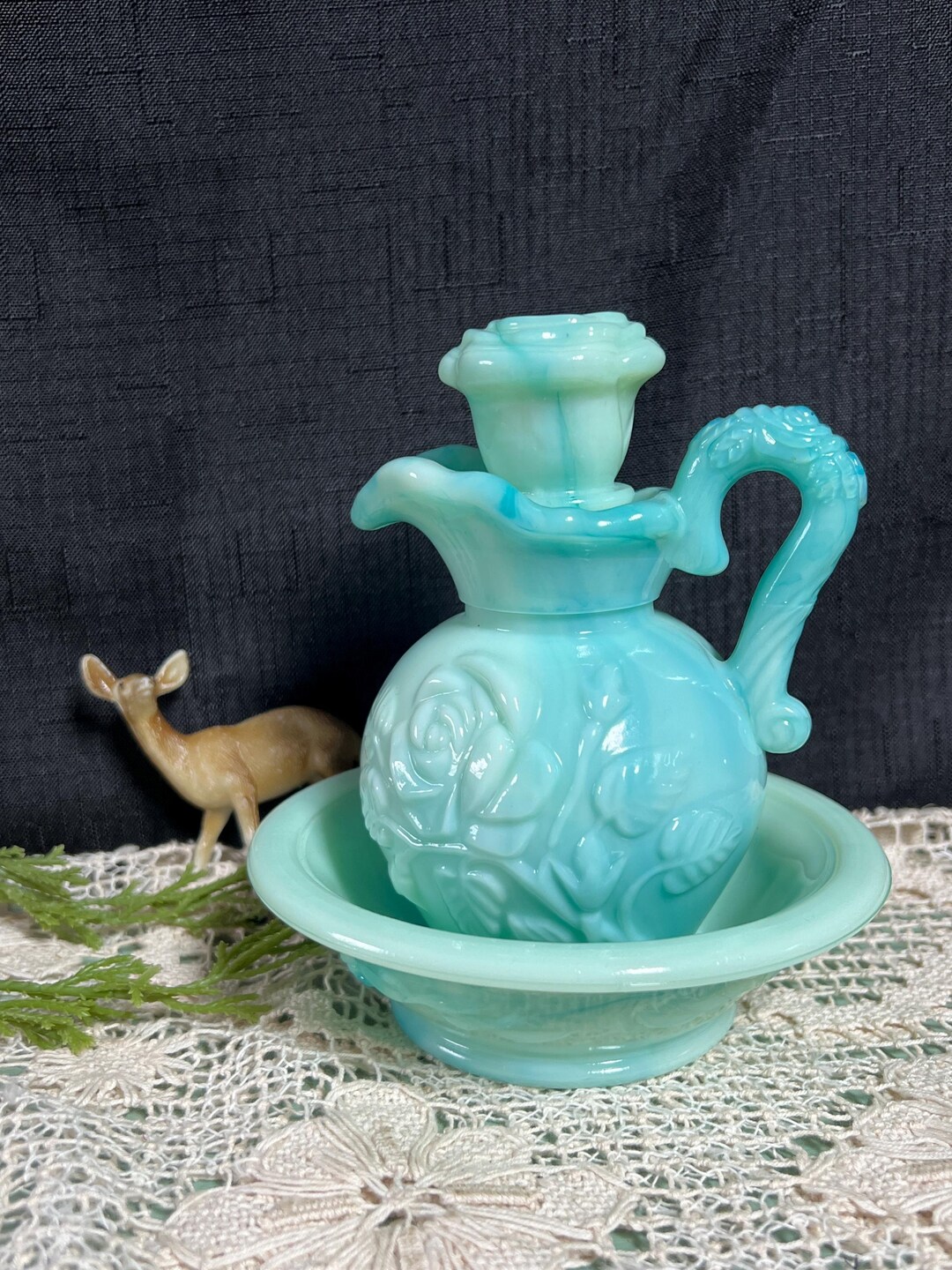 Vintage Avon Mini Pitcher & Bowl Slag Glass Set Turquoise - Etsy