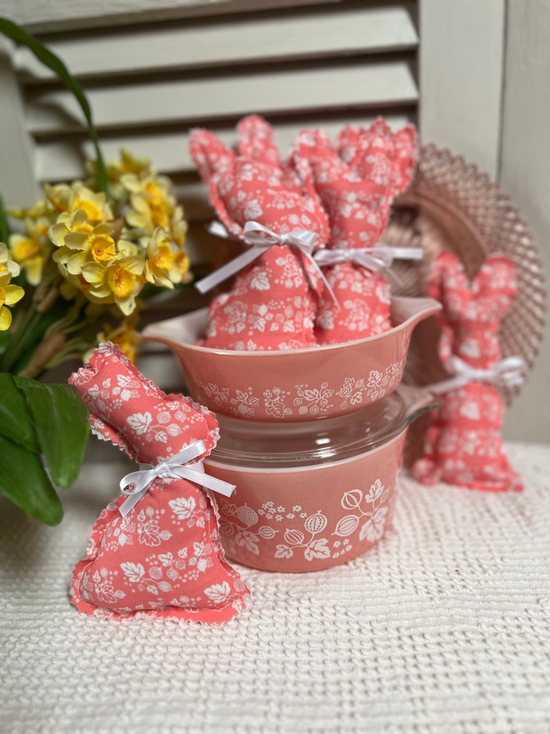 Pink Gooseberry Pyrex Inspired Stuffed Fabric Bunnies * Chocolate Style ...