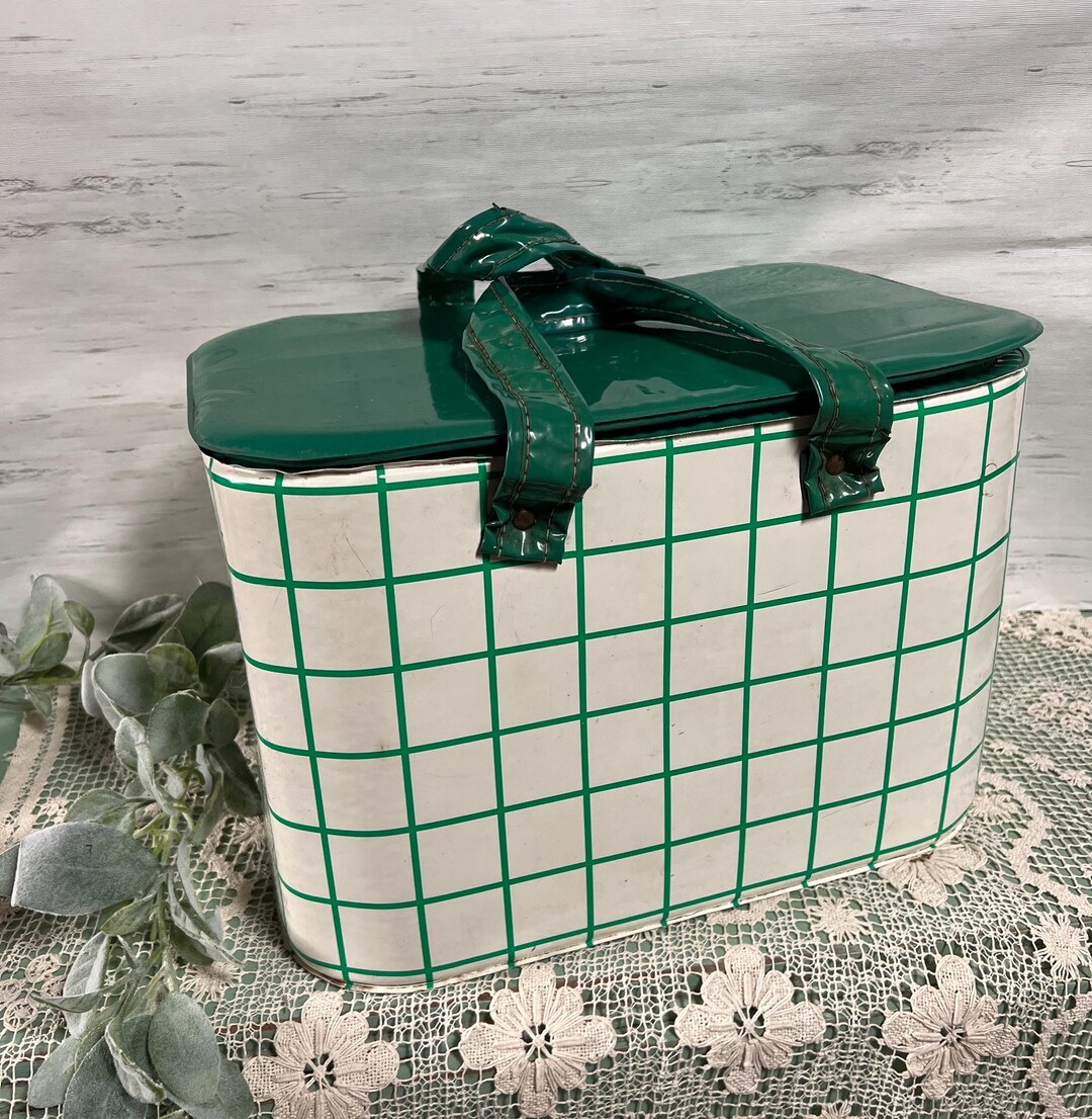 Vintage Vinyl Cooler White Green Grid Plaid Checked Picnic Basket - Etsy