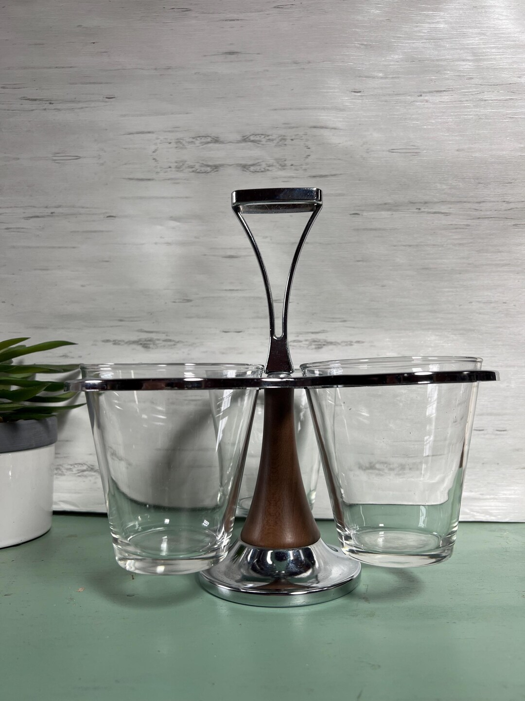 Vintage Chrome Glass Condiment Holder Faux Wood - Etsy