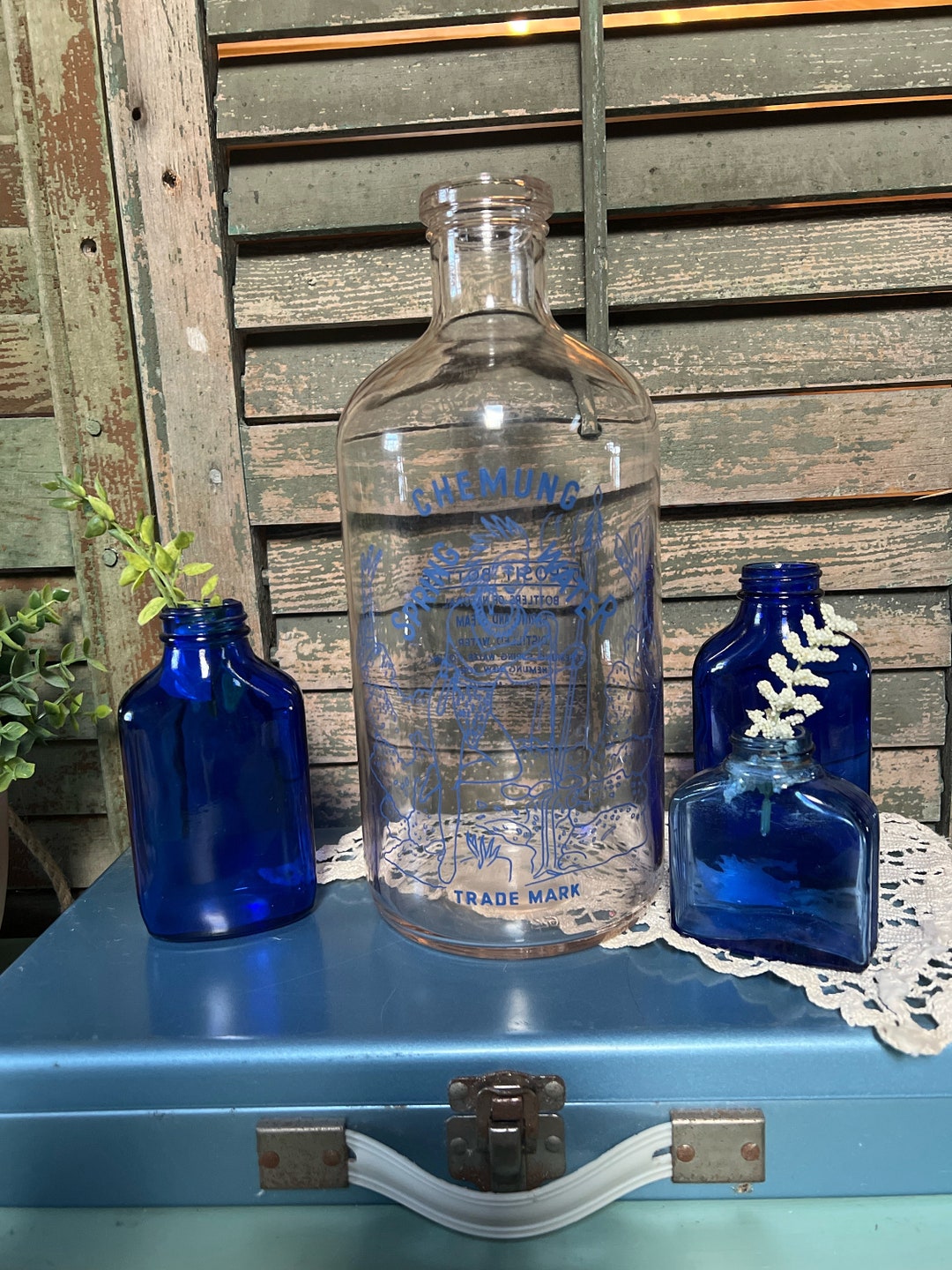 Chemung Spring Water 84 Oz Bottle Blue Decal on Clear Glass Native ...