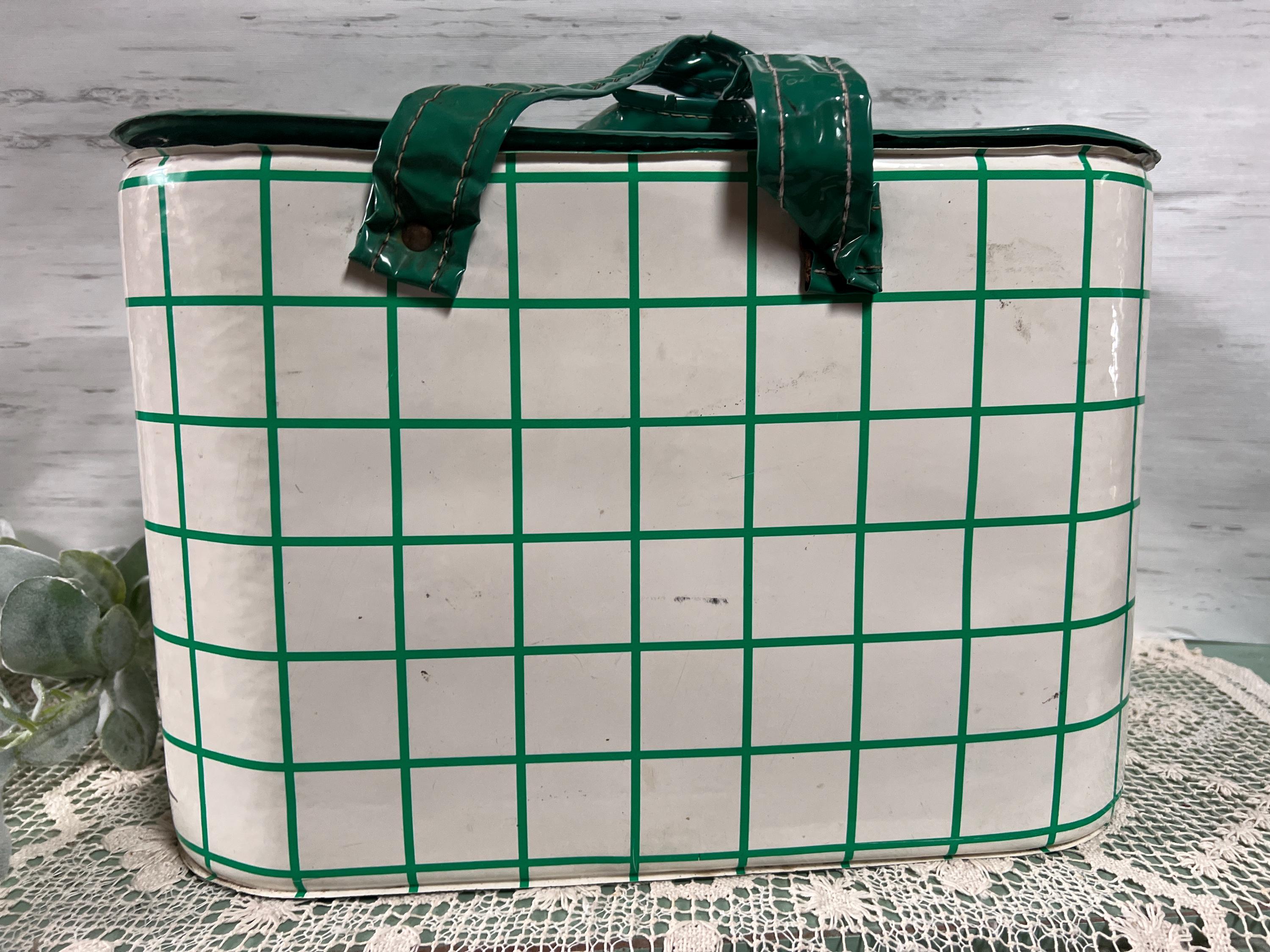 Vintage Vinyl Cooler White Green Grid Plaid Checked Picnic Basket - Etsy