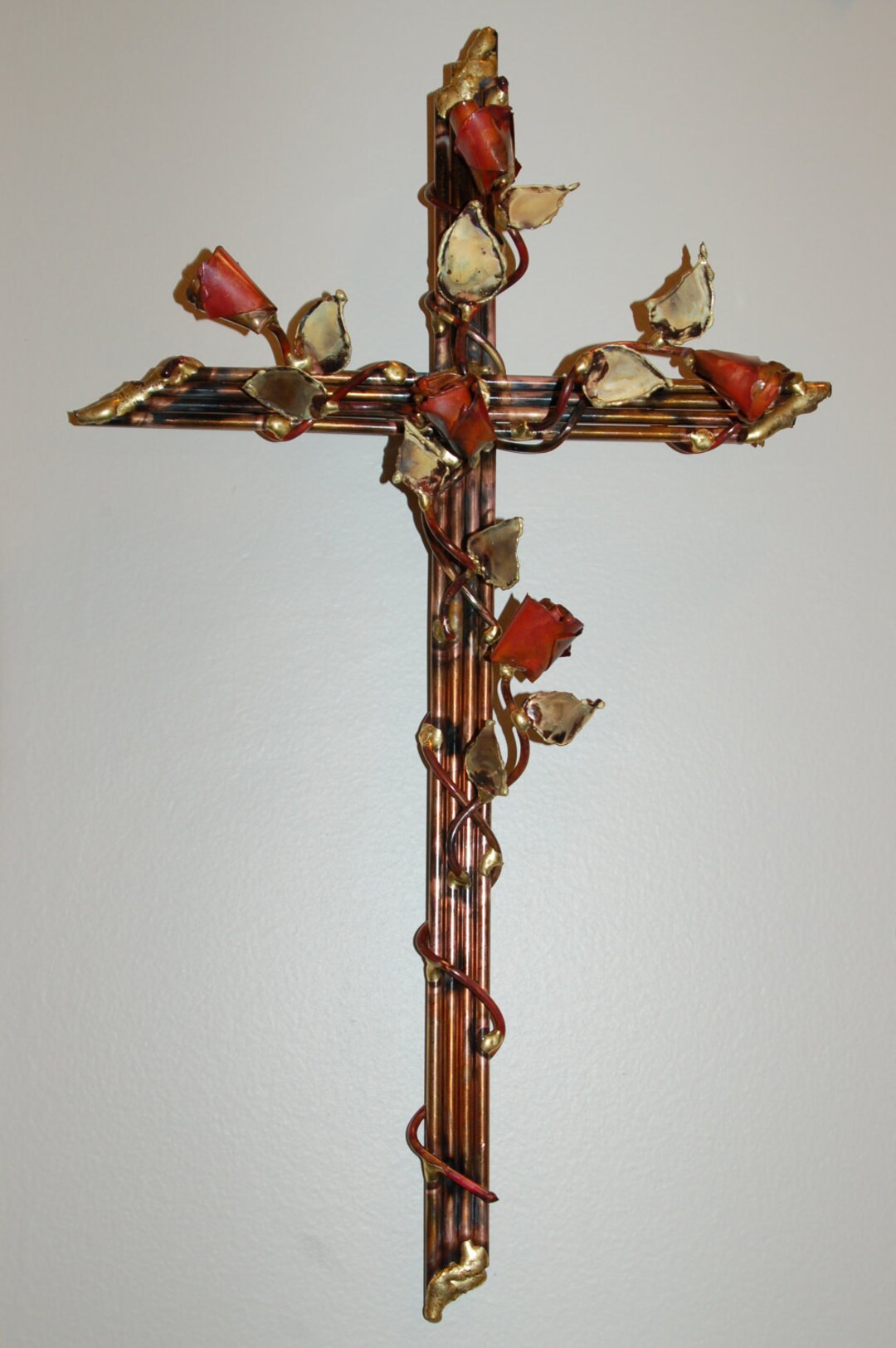 Copper, Steel, and Bronze Wall CROSS With 4 Roses, Metal Sculpture,most ...