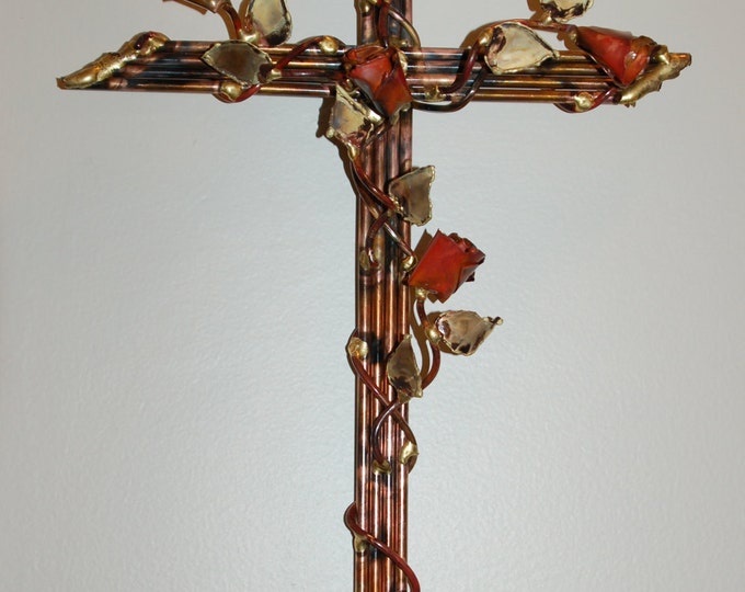 Copper, Steel, and Bronze Wall CROSS With 4 Roses, Metal Sculpture,most ...